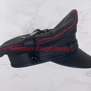 Black Genuine Full Leather Red Trim Army Muir Biker Peaked Police Gay ...