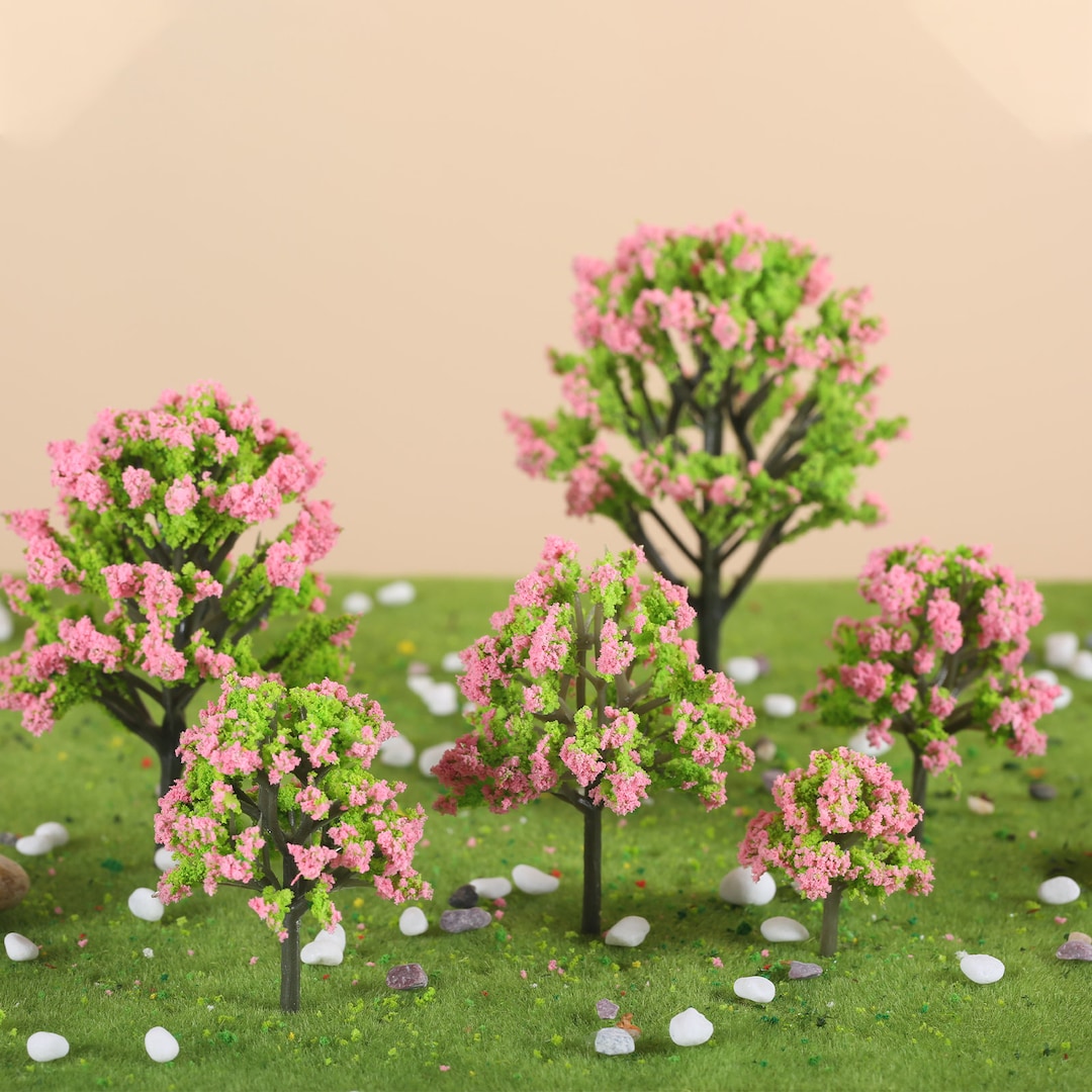 10 Pcs Miniature Pink Flowering Trees Models Train Railway Accessories ...