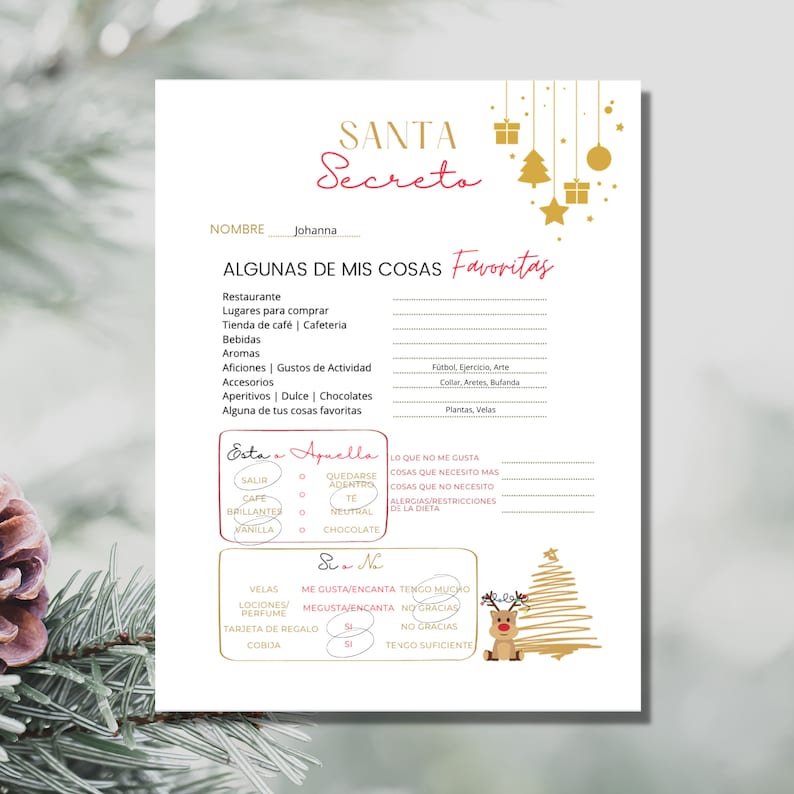Secret Santa Questionnaire Spanish Version, Spanish Christmas Printable ...