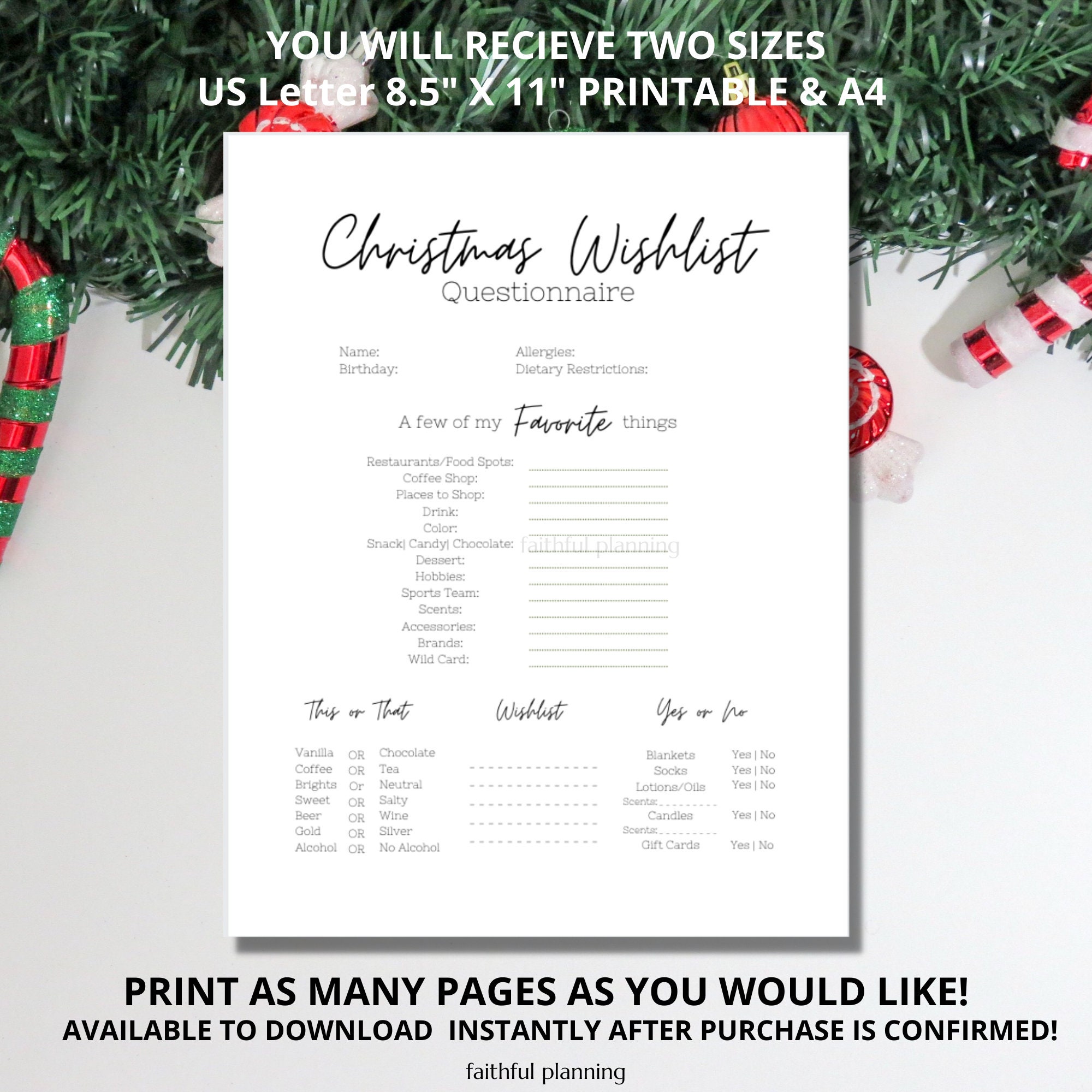 Secret Santa Questionnaire Printable, Christmas Wish List, Gift ...