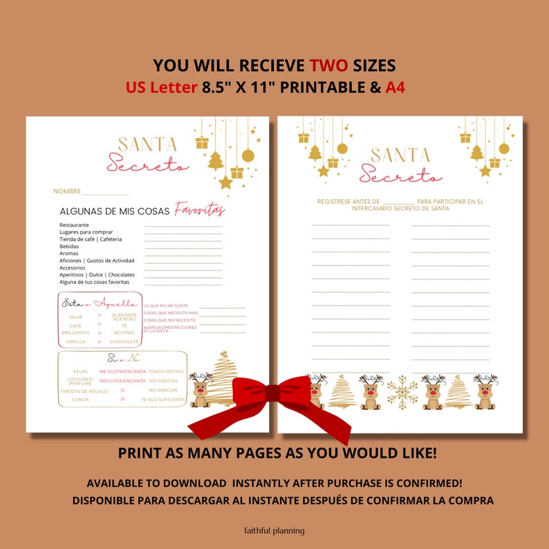 Secret Santa Questionnaire Spanish Version, Spanish Christmas Printable ...