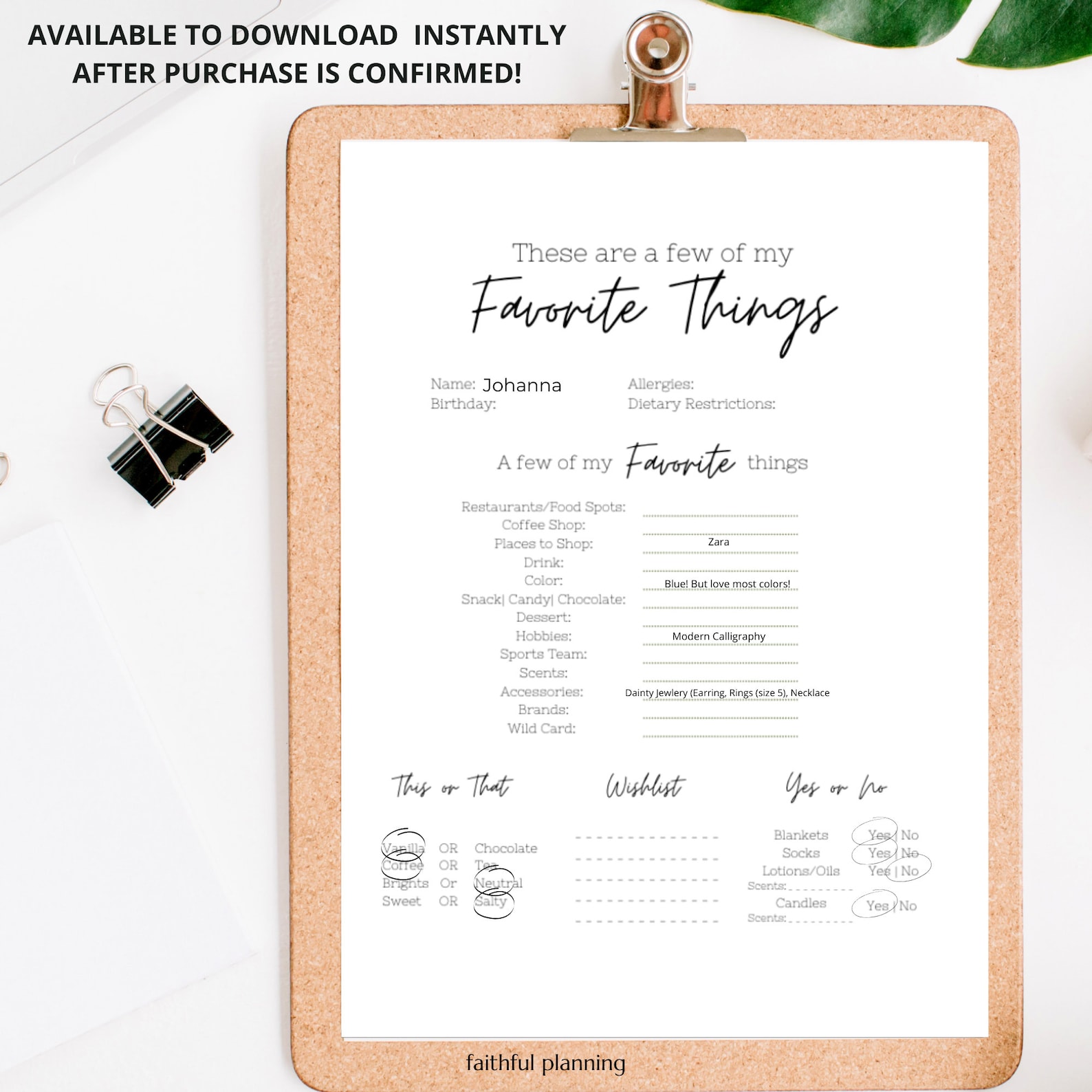 My Favorite Things Questionnaire, Gift Exchange Printable PDF, A Few of ...