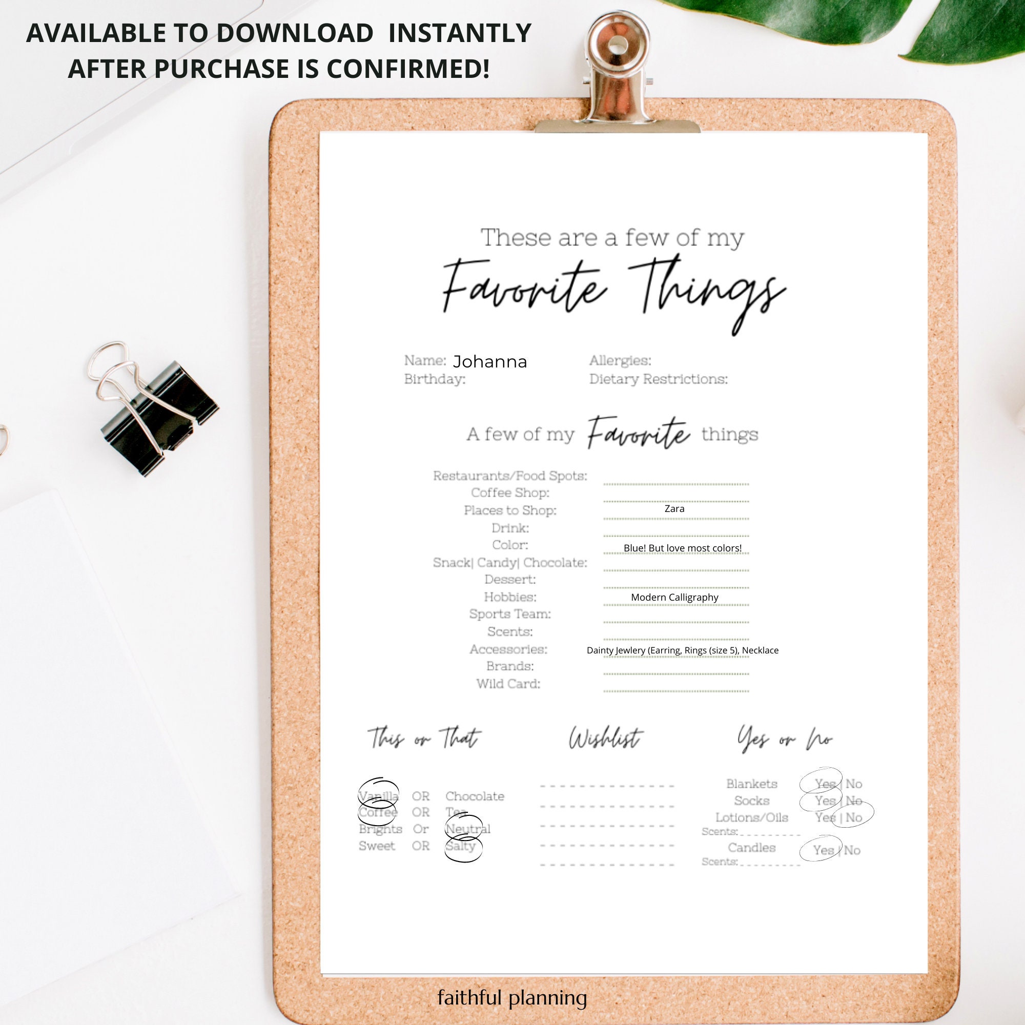 My Favorite Things Questionnaire, Gift Exchange Printable (PDF) - Etsy