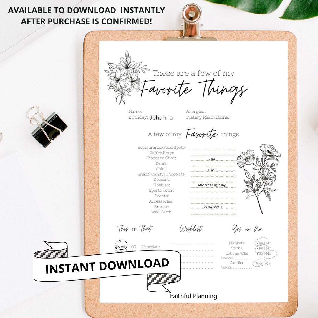 My Favorite Things Questionnaire, Teacher Gift Survey (PDF Download) - Etsy