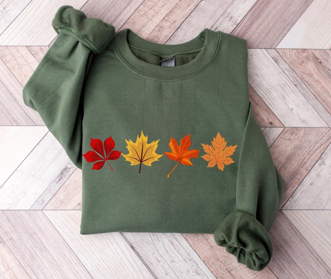 Autumn Fall Maple Leaves Olive Green Crewneck Sweatshirt, Fall Leaves ...