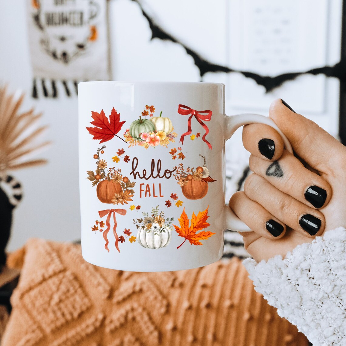 Hello Fall Mug Cottagecore Mug Pumpkin Mug Pumpkin Mugs Coquette Bow ...