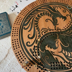 Round Cribbage Board, Hard Wood, Yin and Yang Dragon Epoxy Inlay, With ...