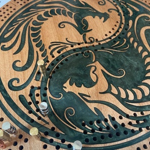 Round Cribbage Board, Hard Wood, Yin and Yang Dragon Epoxy Inlay, With ...