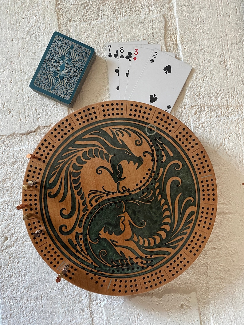 Round Cribbage Board, Hard Wood, Yin and Yang Dragon Epoxy Inlay, With ...