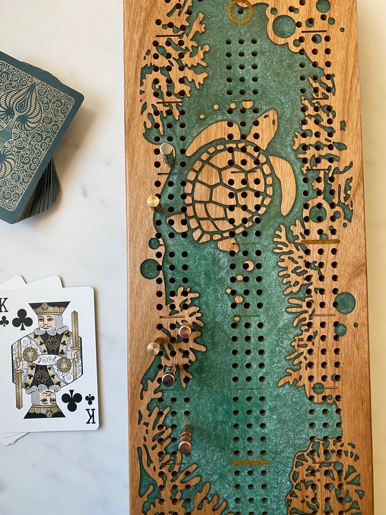 Custom Sea Turtle Cribbage Board, CNC Carved Epoxy Inlay, Peg & Card ...