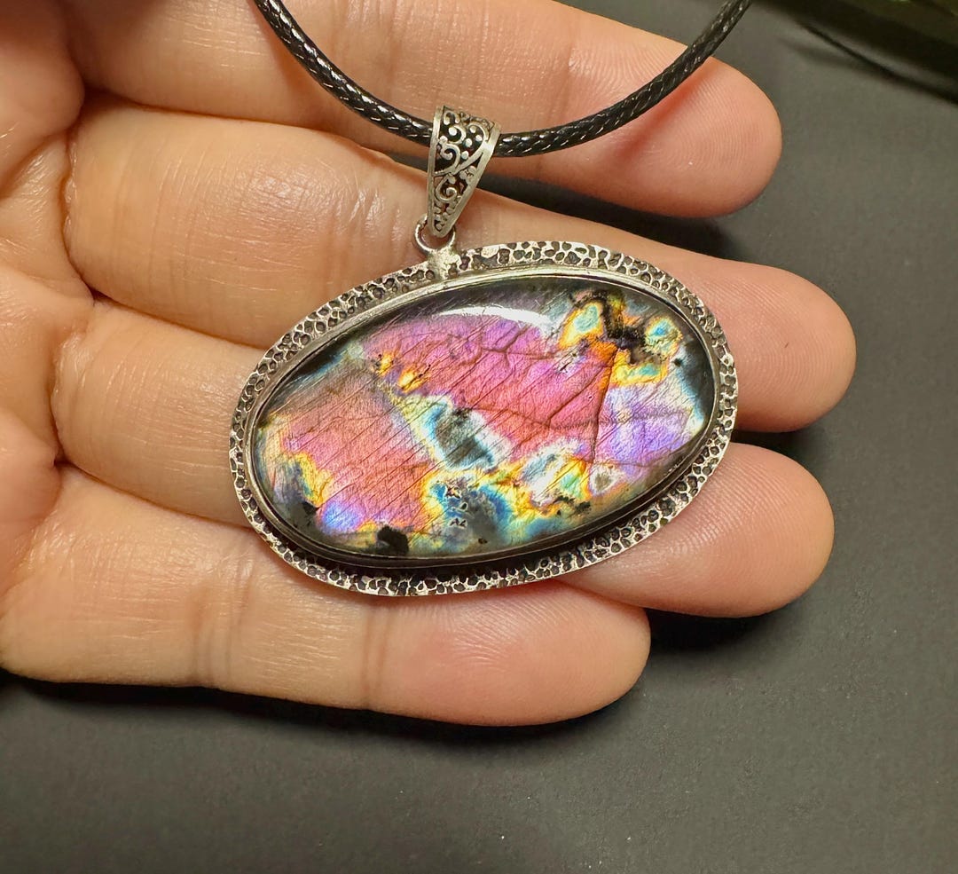 FLASHY! 39mm Pink Labradorite Oval Pendant With 925 Silver Inlay ...