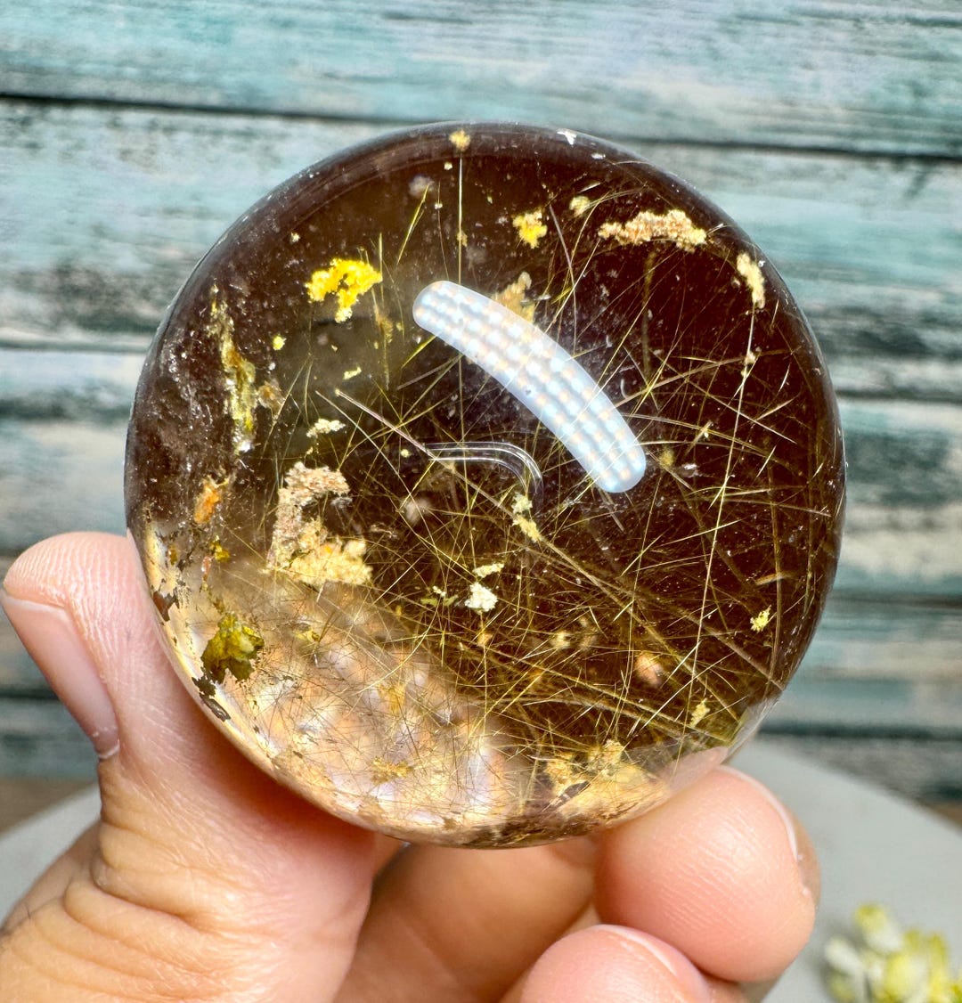 SCENIC! 39mm Golden Rutile Quartz With Phantom Sphere/multi Rainbows ...