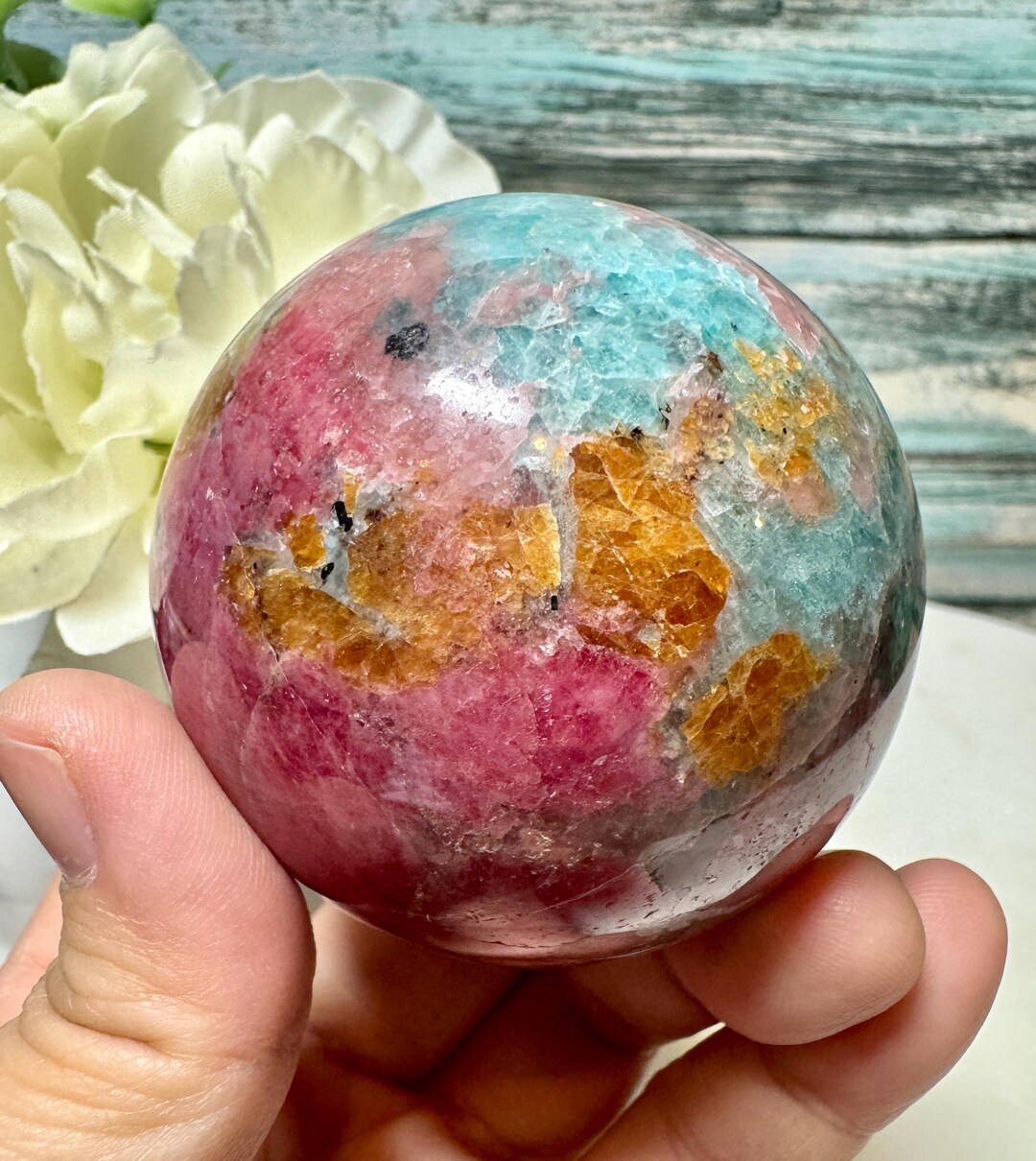 RARE! 60mm Rhodonite Sphere Blue Apatite Gold Hematoid Black Tourmaline ...