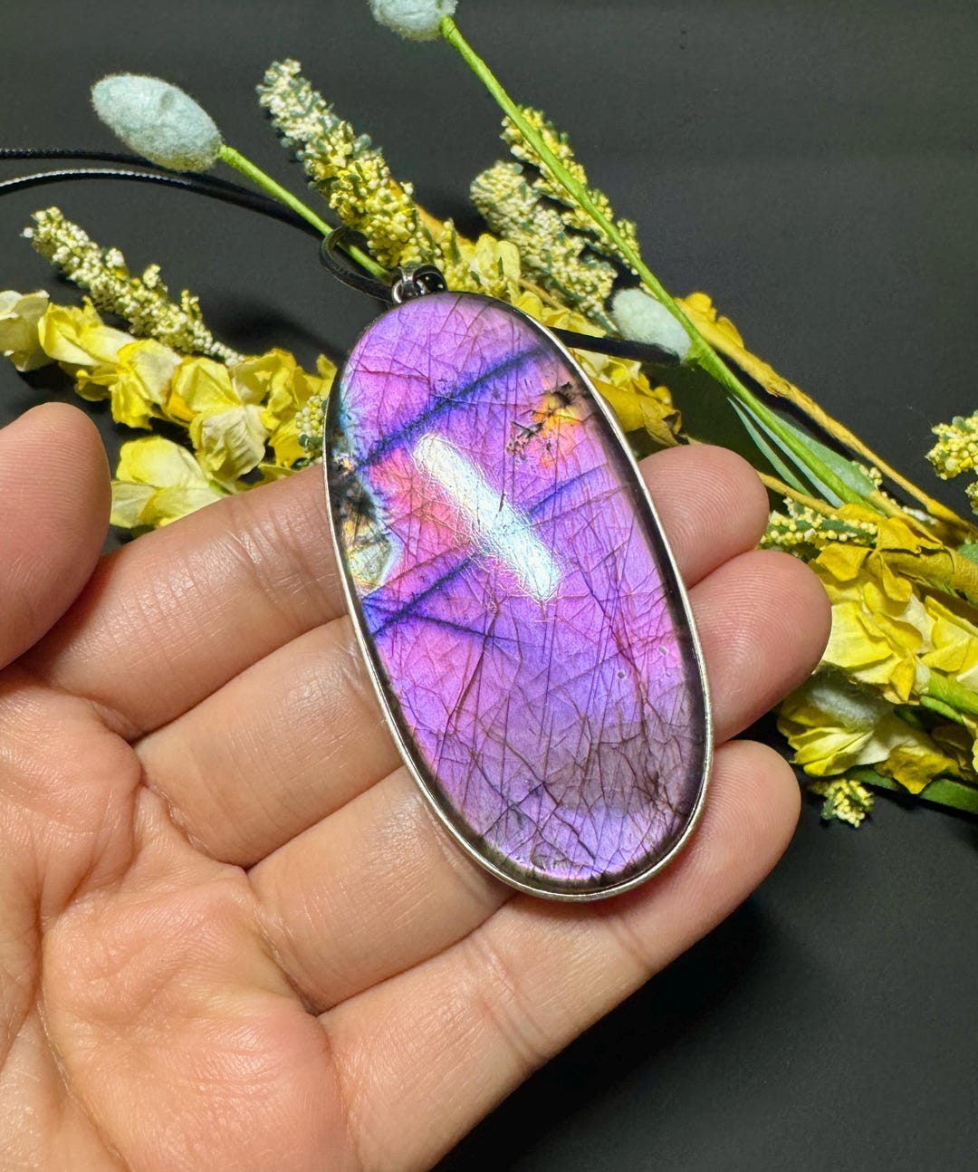 FLASHY! 61mm Purple Oval Labradorite Pendant 925 Silver Inlay/natural ...