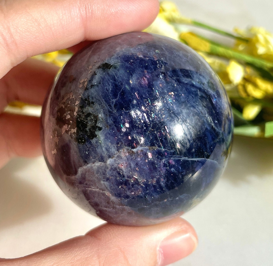 SPARKLY!! 50mm Purple Iolite Sphere With Green Tourmaline Inclusion ...