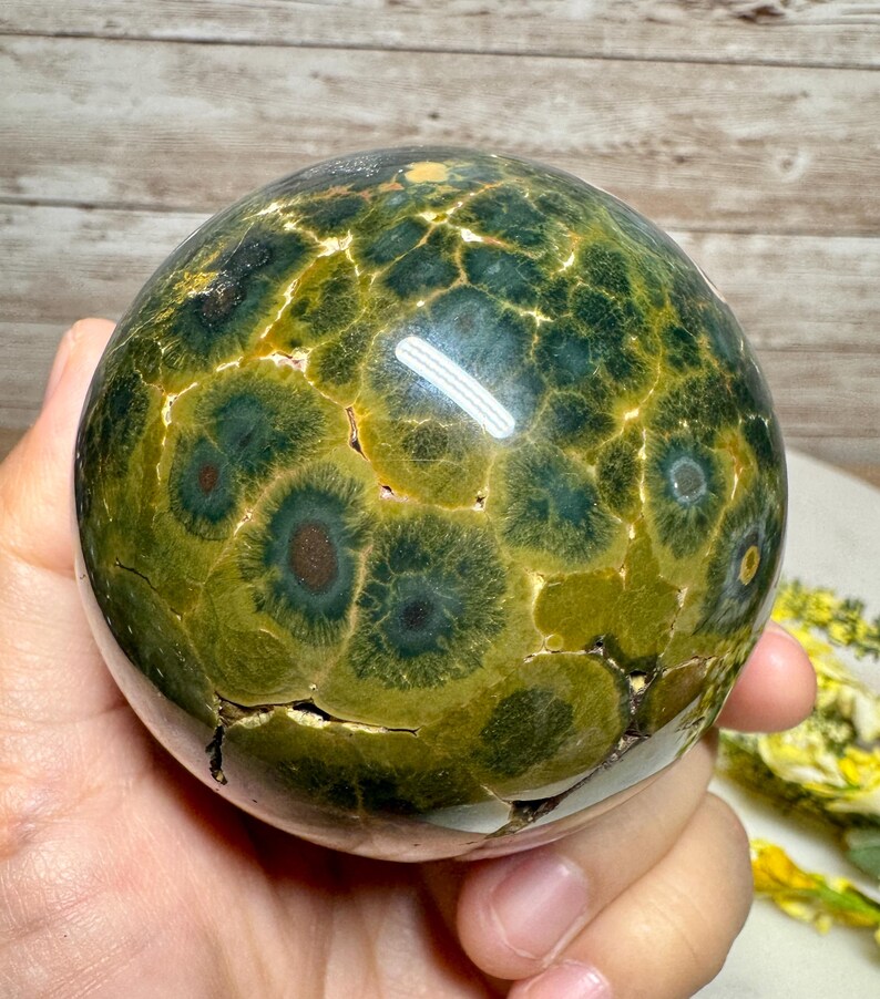 ¡ESCÉNICO! 70 mm Orbe verde oscuro Jaspe oceánico/amarillo verde oscuro ...