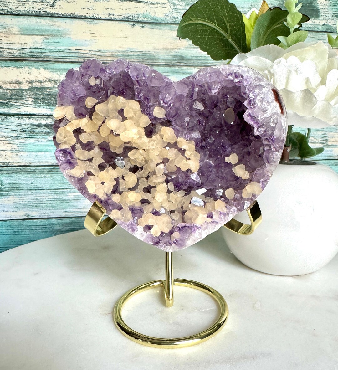 STUNNING! 4.7” Amethyst Geode Heart With Calcite/red Agate/with Stand ...
