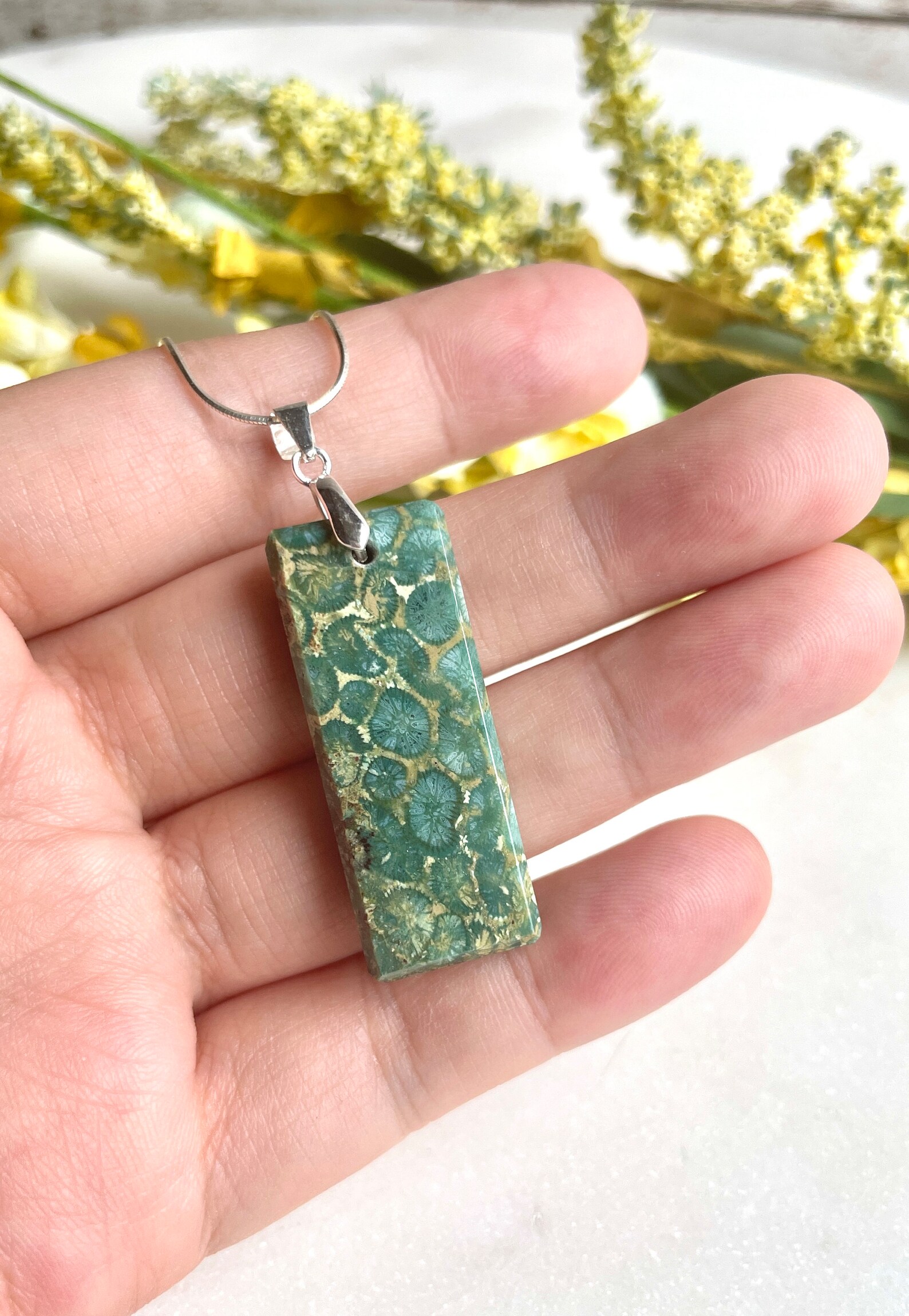 RARE!! 35mm Teal Fossilized Coral Rectangle Pendant Necklace/nature ...