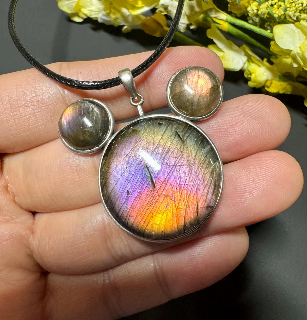 CUTE! 34mm Mickey Mouse Labradorite Pendant 925 Silver Inlay/pink ...