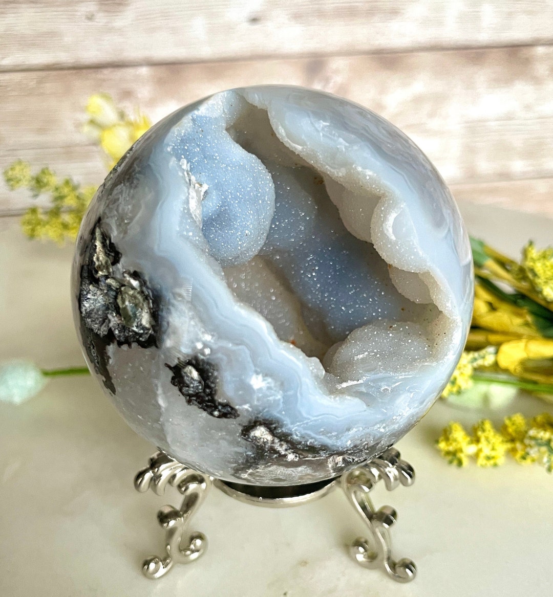 SPARKLY 67mm Blue Sugar Druze Lace Agate Sphere/black Basalt/quartz ...