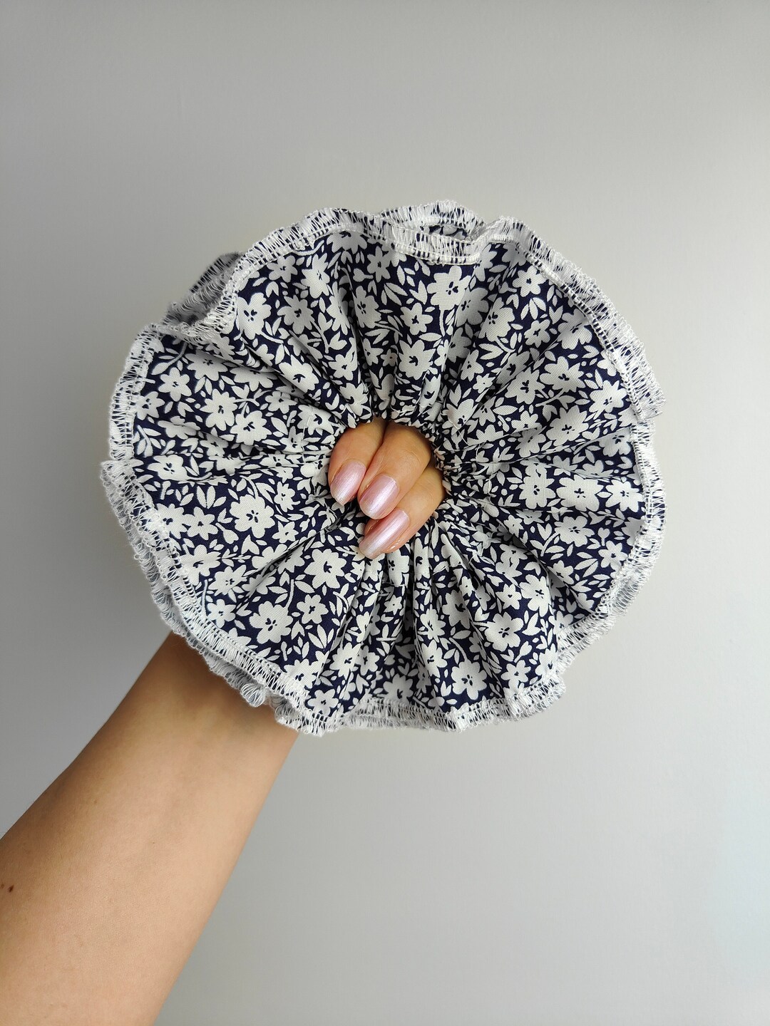 Navy Blue Floral Oversized Scrunchie White Double Ruffle Scrunchie XXL ...