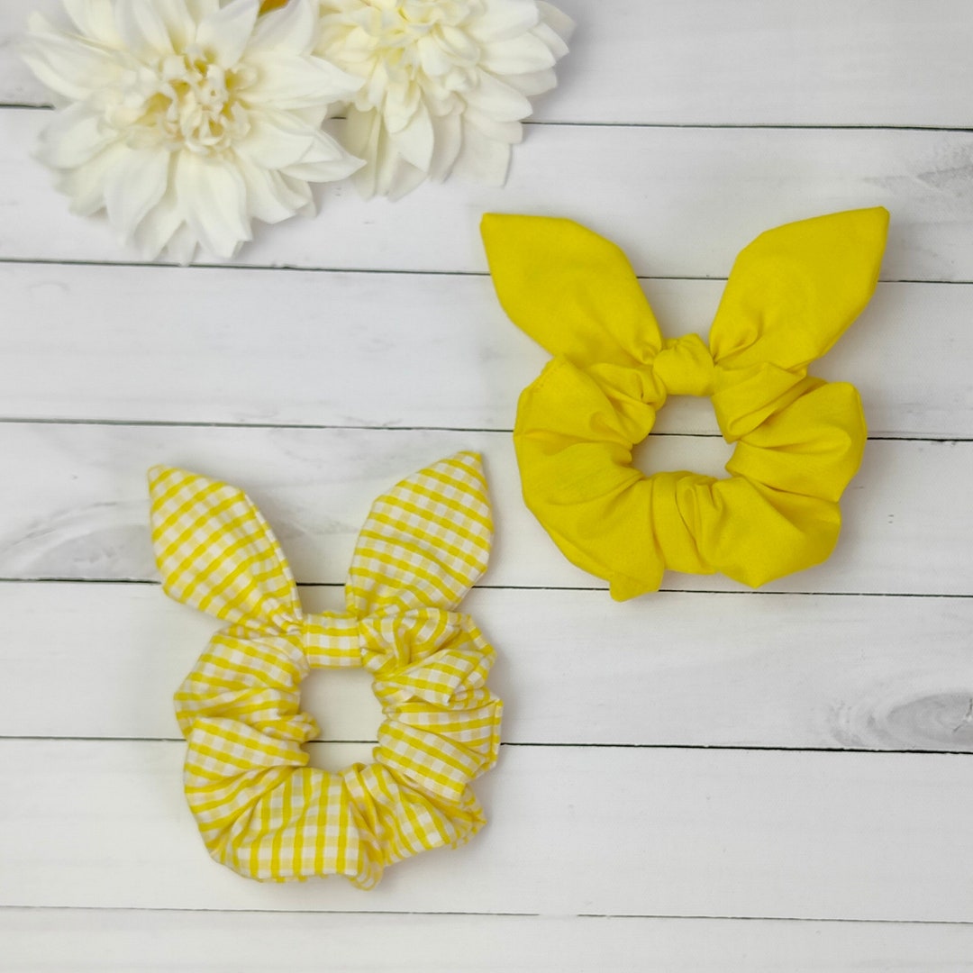 Gingham Yellow Scrunchie Bunny Ear Bow Hair Tie Bobble for Girls Women ...