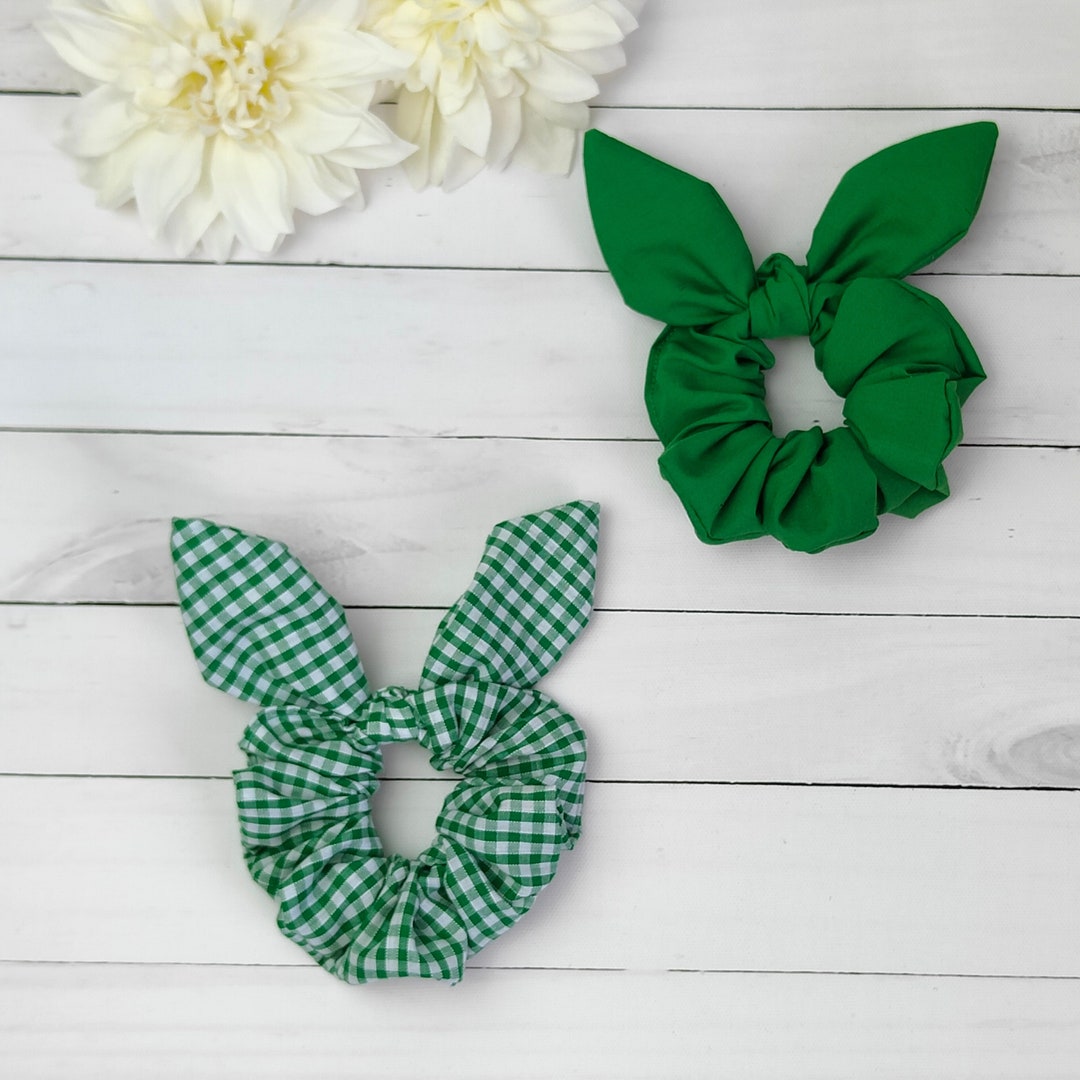 Emerald Green Gingham Scrunchie Bunny Ear Bow Hair Tie Bobble for Girls ...