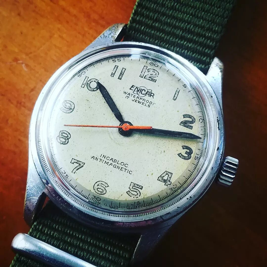 ENICAR Military Vintage Watch, 1950s, 31.5 Mm, Working and ENICAR Military Vintage Watch, 1950s, 31.5 Mm, Working and