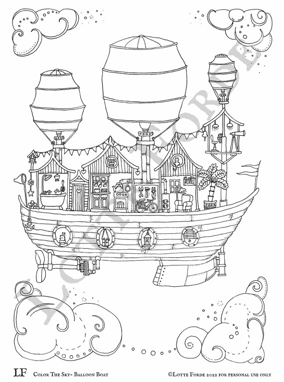Lotte Forde Color the Sky Coloring Book Page 57 Balloon Boat - Etsy