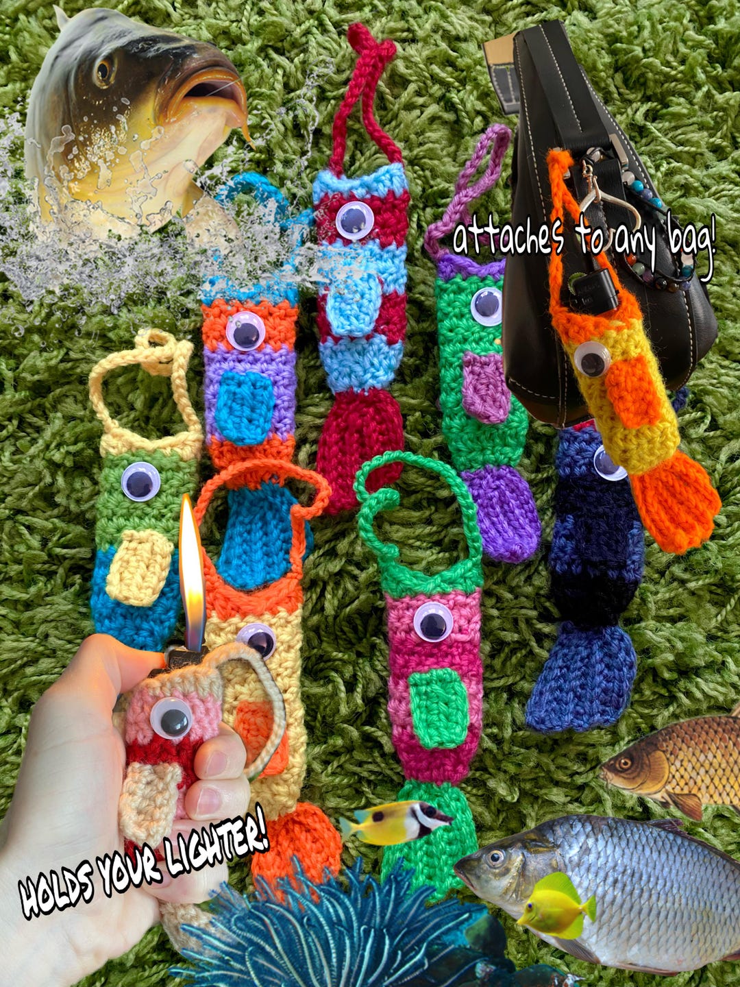 TWO LEFT Handmade Crochet Kitsch Fish Bag Charm Chapstick Holder - Etsy
