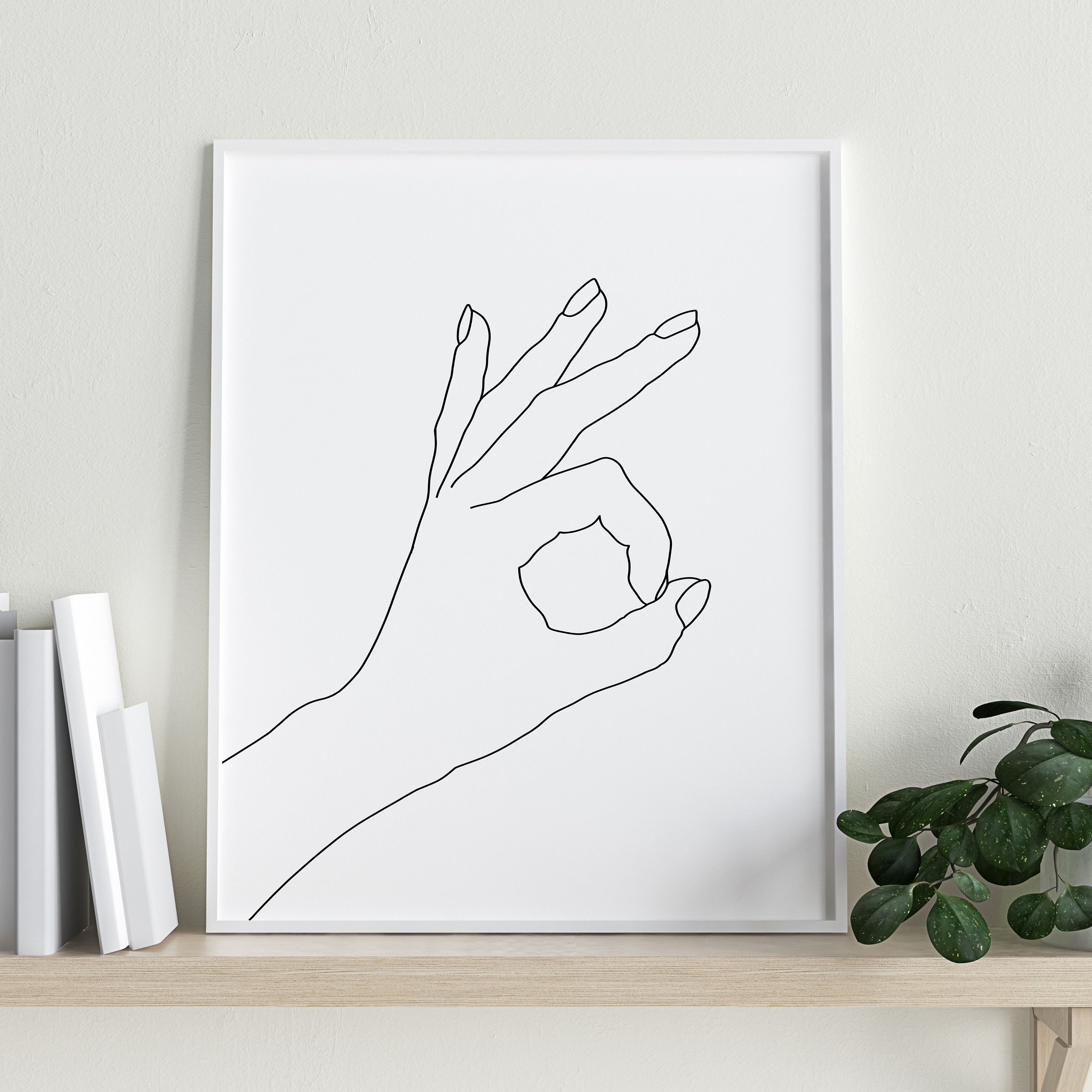 Ok Hand Line Art, Hands Gesture Art, Hands Art, Line Drawing Print ...