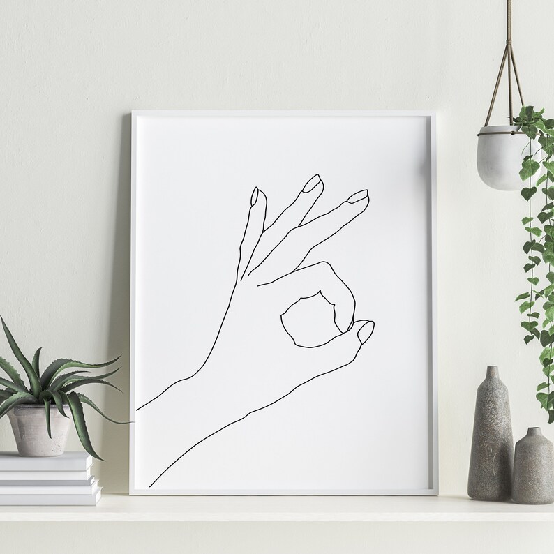 Ok Hand Line Art, Hands Gesture Art, Hands Art, Line Drawing Print ...