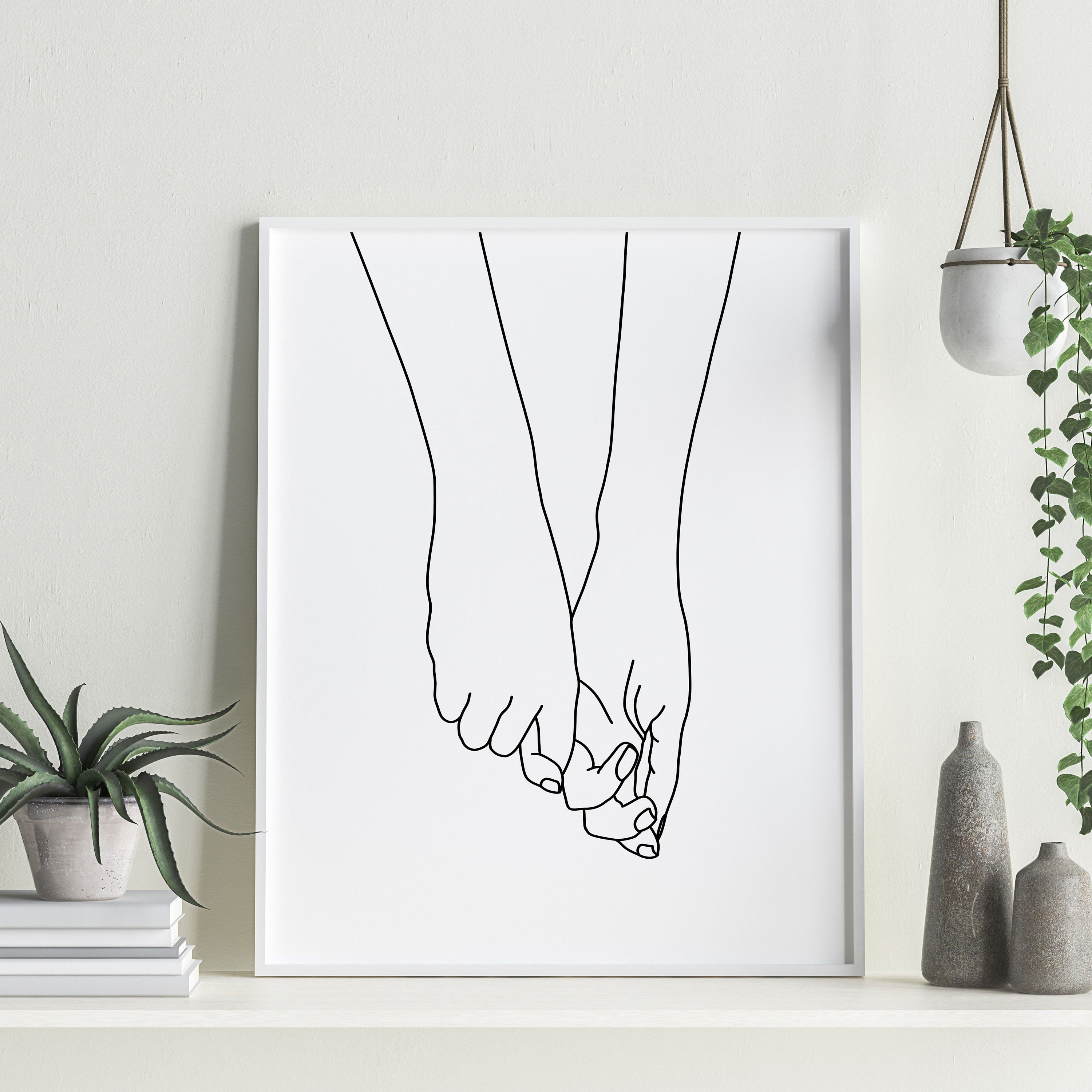 Couple Hands Line Drawing, Holding Hands Line Art Print, Hands Print ...