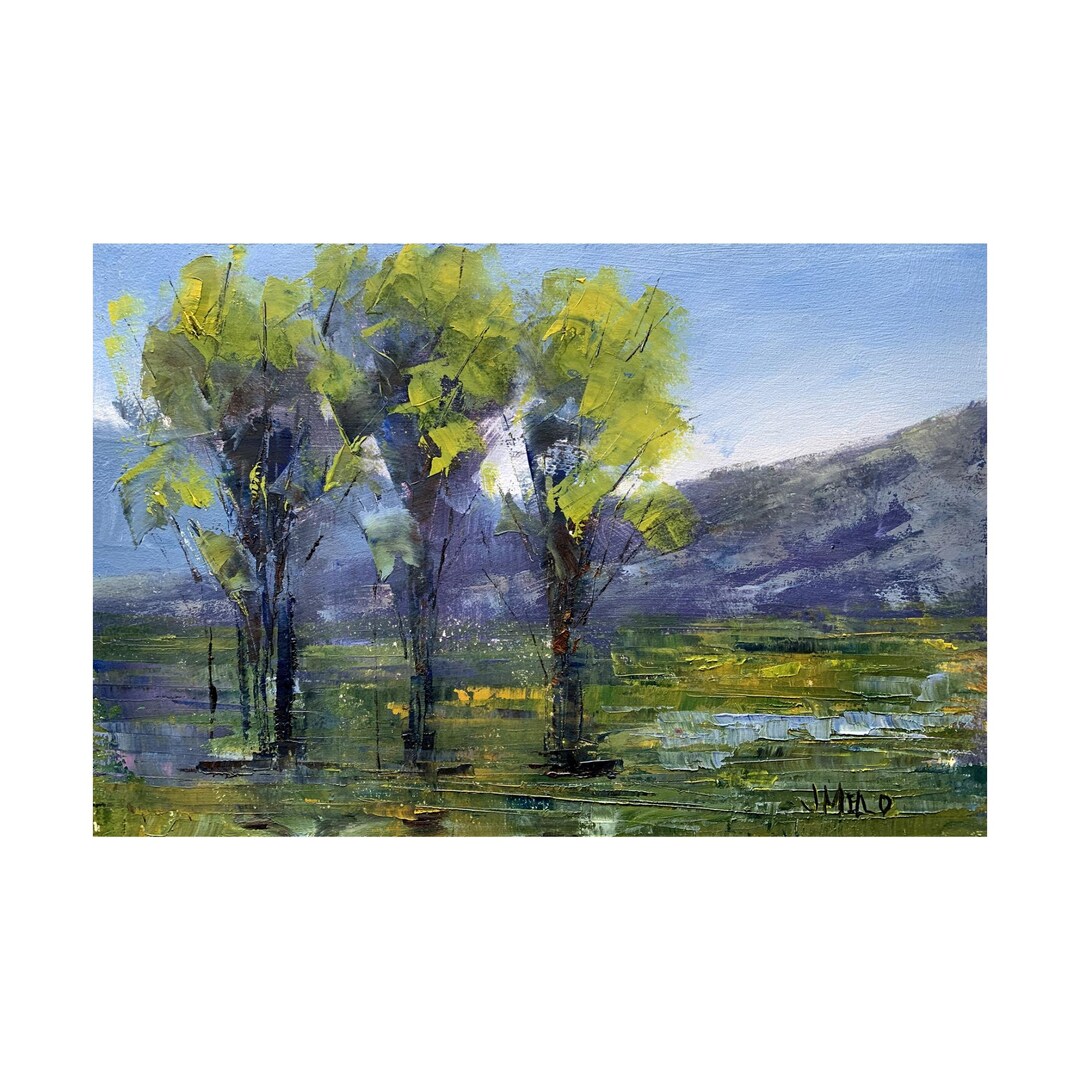 Modern Expressionist Landscape Painting, Trees and Mountains, Fields ...