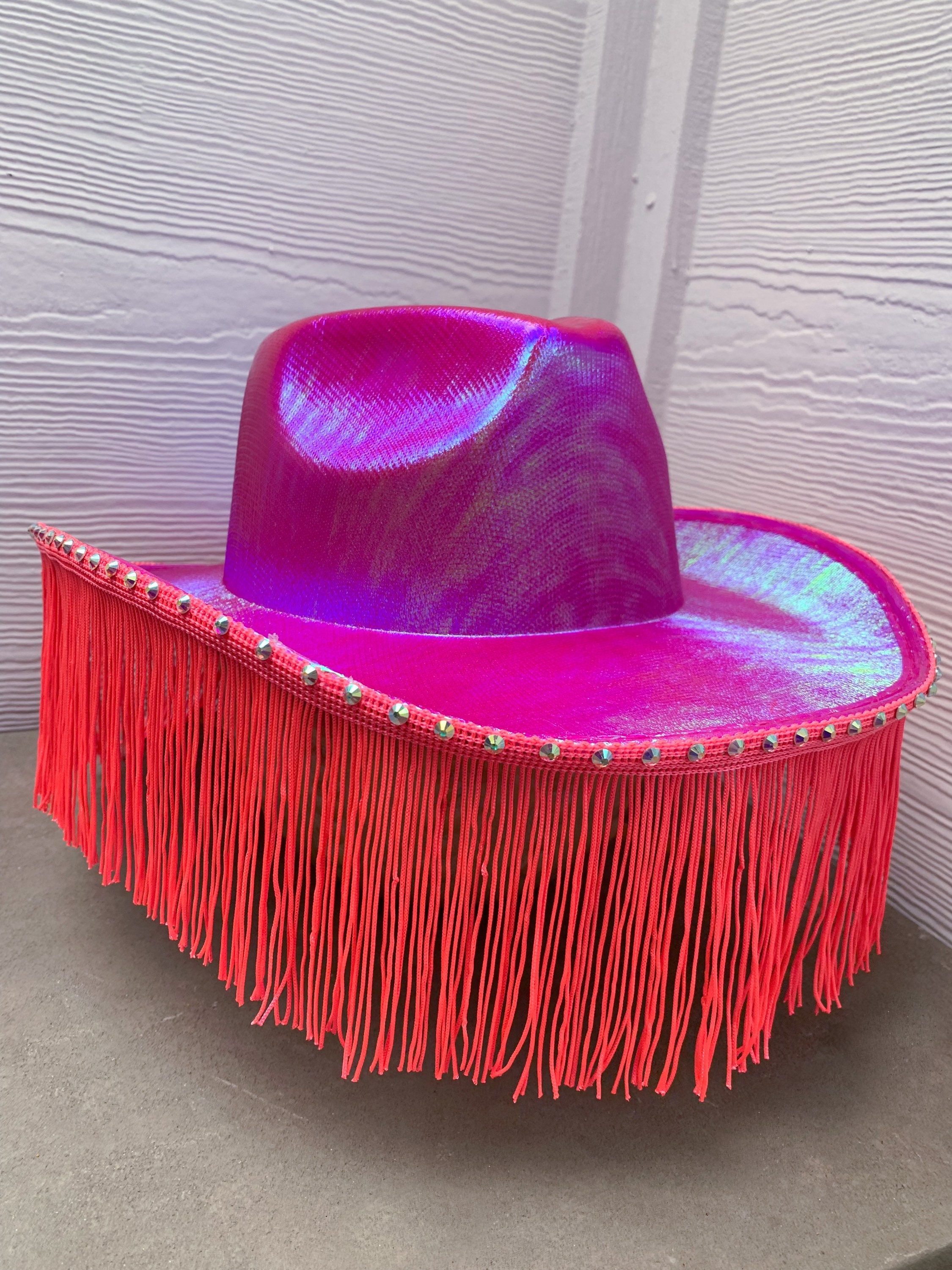 Metallic Hot Pink Rhinestone Fringe Hat Western Space Cowgirl - Etsy