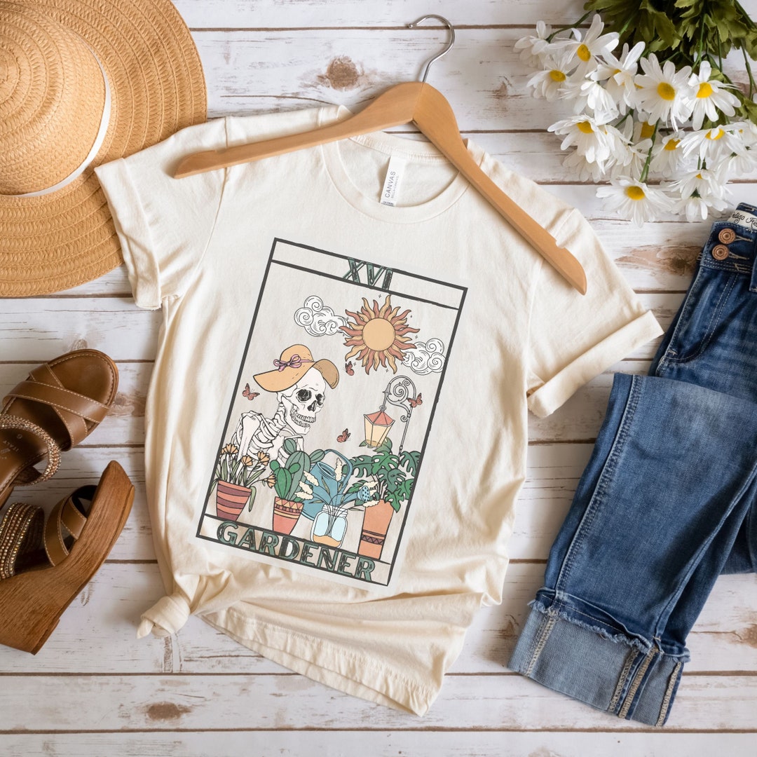 The Gardener Tarot Card Shirt, Trendy Women Shirt Skeleton Watering ...
