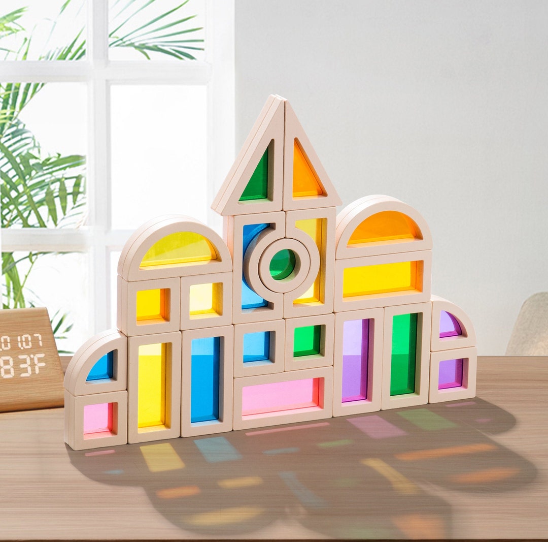 Rainbow Wood Building Blocks Set, Building Set With Acrylic Elements ...