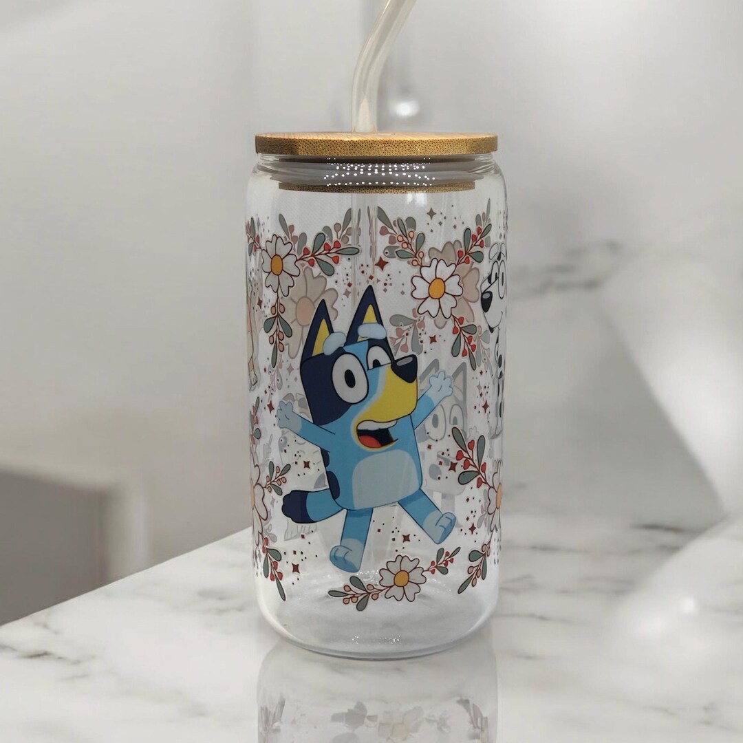 Bluey 16oz Glass Libbey Can Tumbler With Bamboo Lid and Glass Straw - Etsy