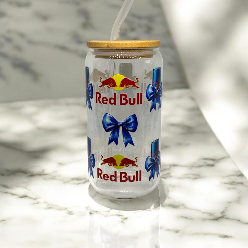 Red Bull Glass Can Tumbler With Lid and Straw 16oz - Etsy