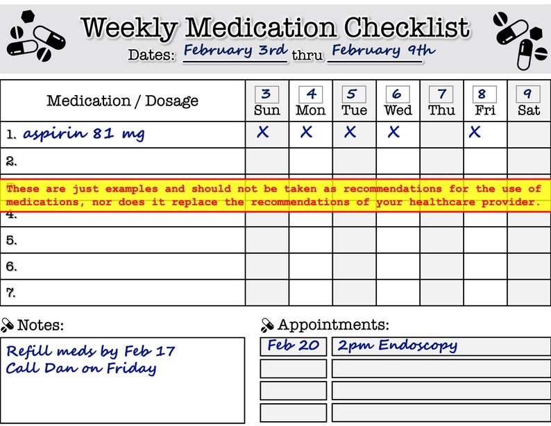 Medication Tracker Medication Checklist Medication Log - Weekly ...