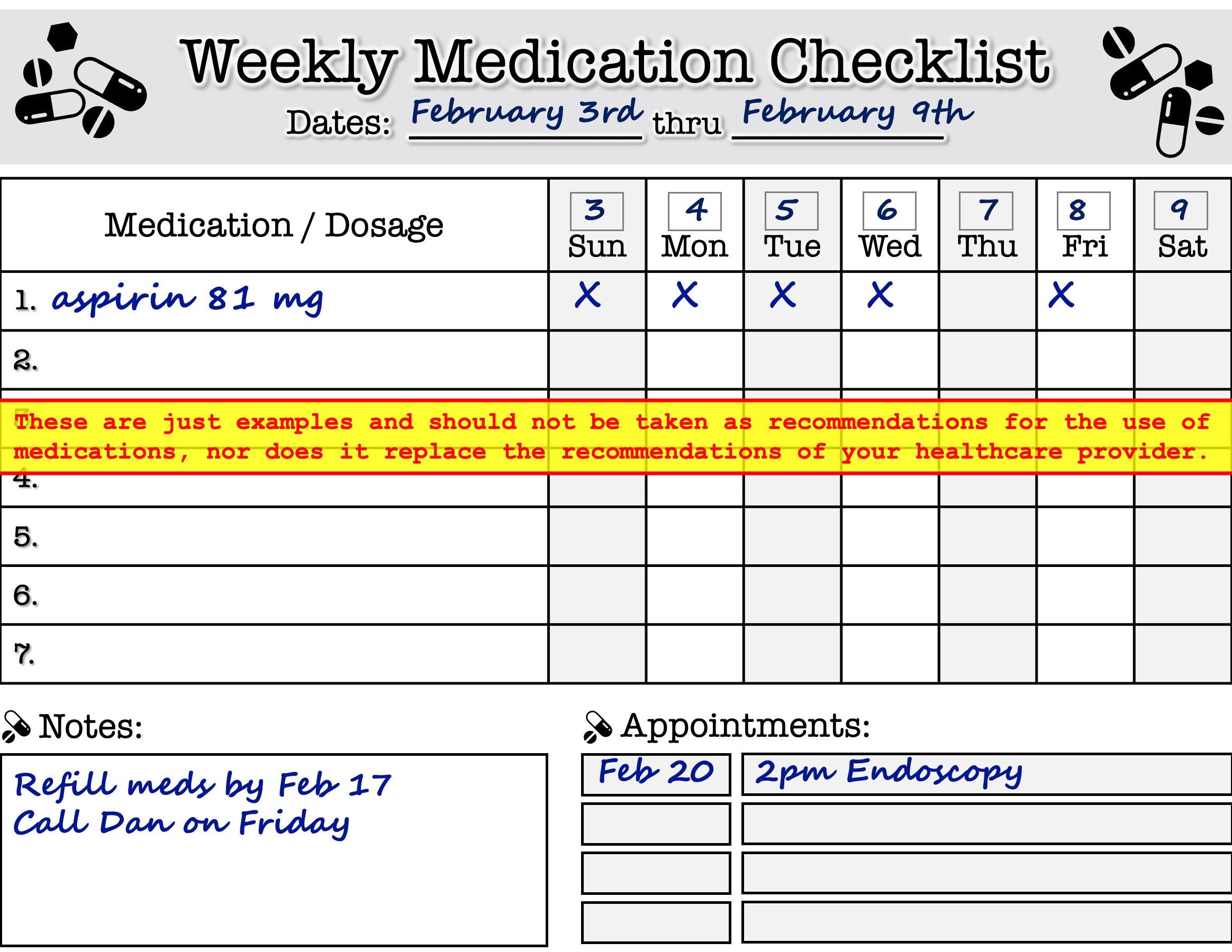 Medication Tracker Medication Checklist Medication Log - Weekly ...