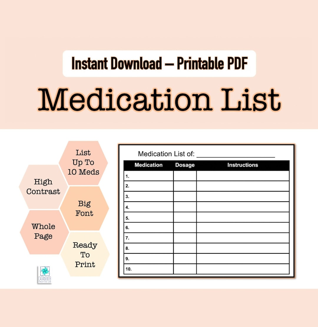 Medication List Printable - PDF DOWNLOAD - Etsy