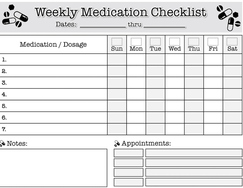 Medication Tracker Medication Checklist Medication Log - Weekly ...