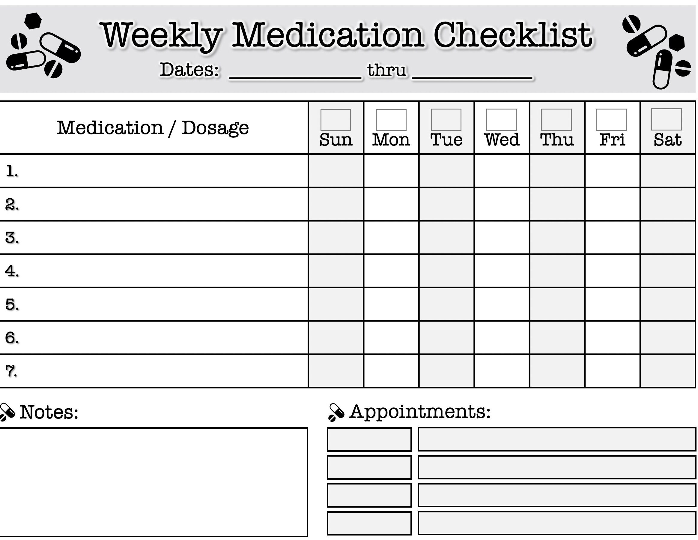 Medication Tracker Medication Checklist Medication Log - Weekly ...