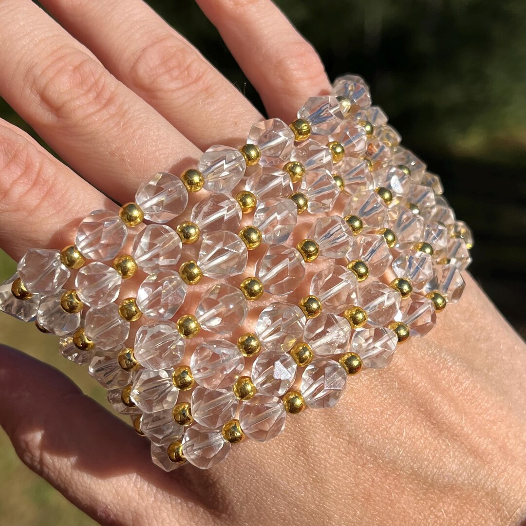 8mm Pretty Faceted Clear Quartz Crystal Beaded Bracelet With Gold ...