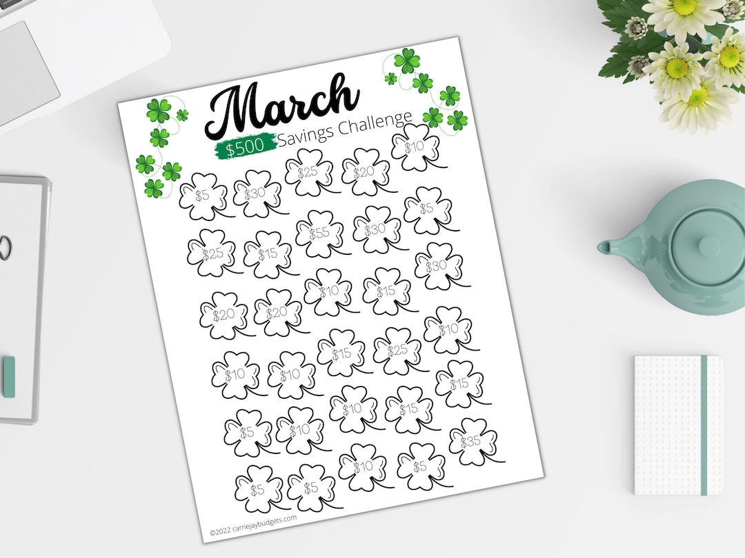 30 Day March Savings Challenge Printable Goal and Guide Save 500 Money ...