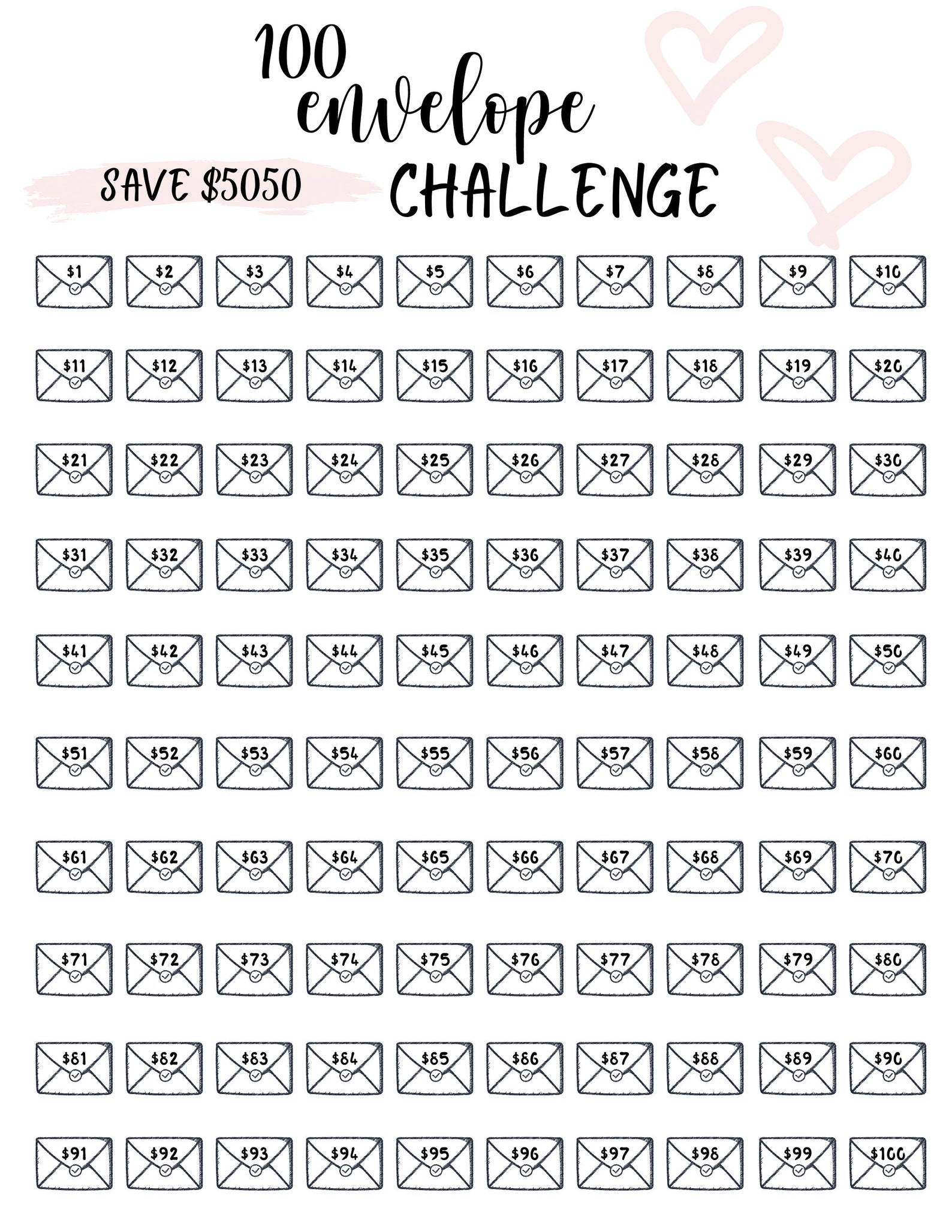 100 Envelope Challenge Tracker Printable Savings Goal Money - Etsy