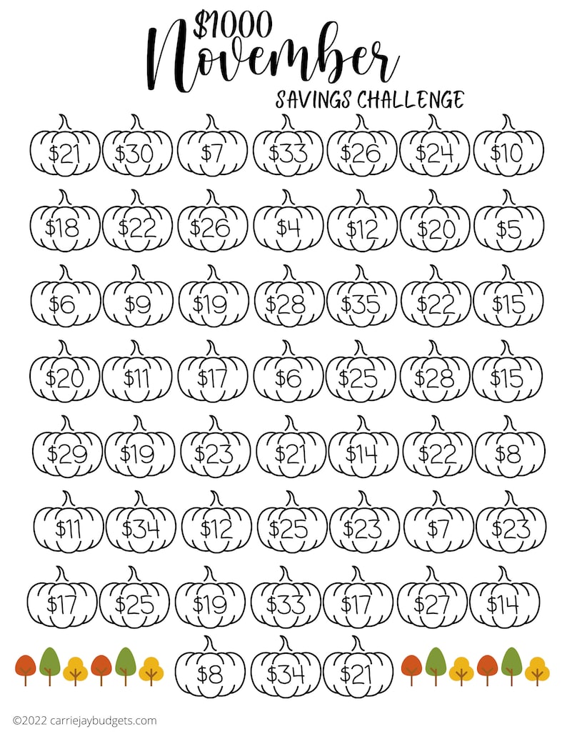 November Savings Challenge Printable, Save 1000, Savings Goal, Money ...