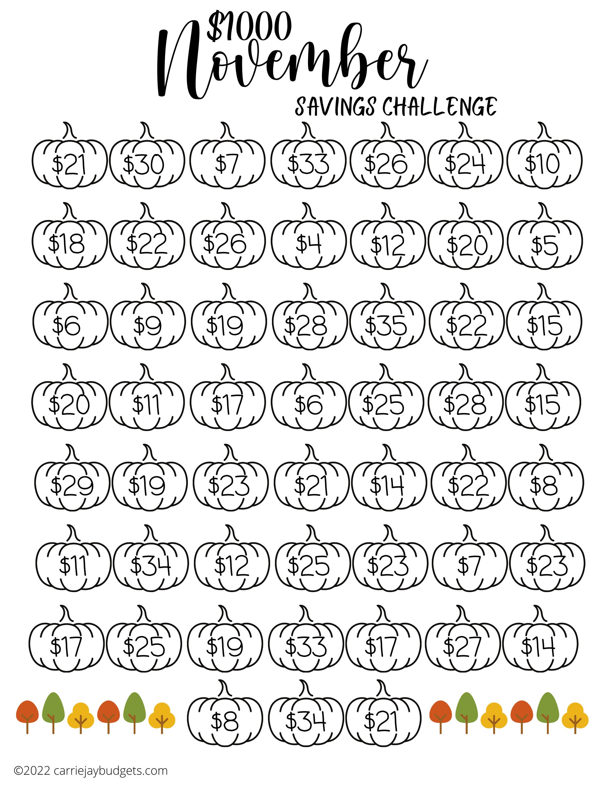 November Savings Challenge Printable Save 1000 Savings Goal | Etsy