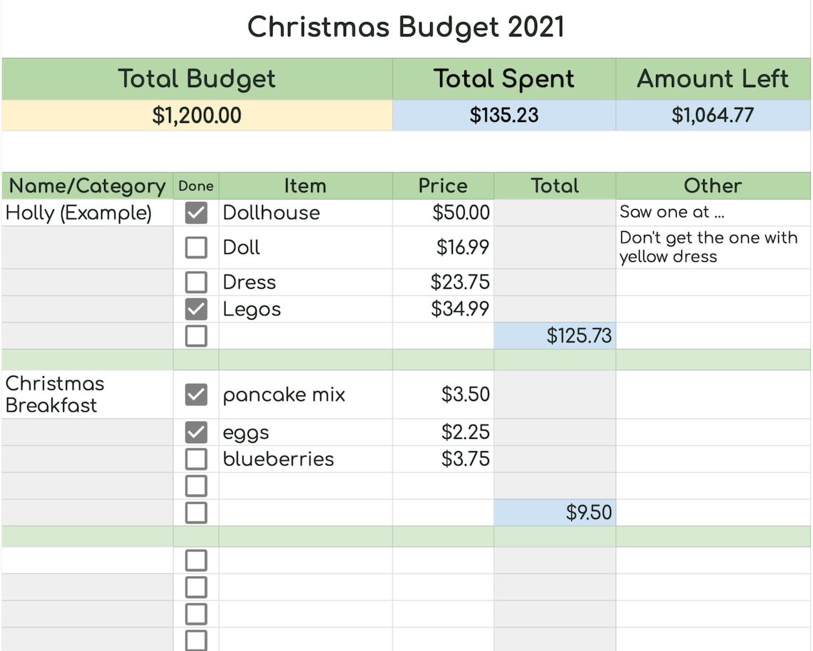 Simple Christmas Gift Tracker and Budget Template Spreadsheet - Etsy